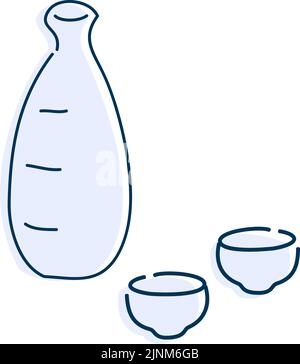 Image of two people drinking sake, simple line drawing illustration ...