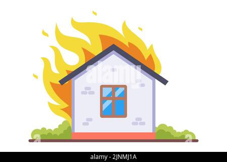 burning one-story house. fire in the building. flat vector illustration ...