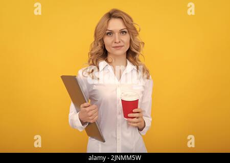 Coffee break keeps you awake. Happy businesswoman hold paper cup and ...