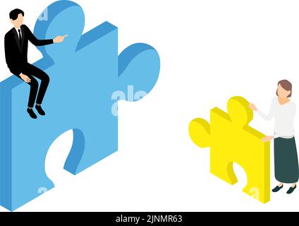 Jigsaw puzzles and businessmen, corporate strategy image, isometric ...