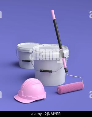 Set of safety helmet, bucket with paint rollers and brushes on violet ...