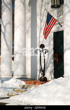 Christmas background with American flag, small wooden houses, Christmas ...