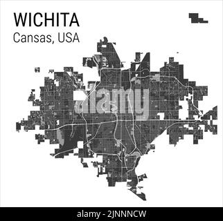 Detailed vector map poster of Wichita city Kansas administrative area ...