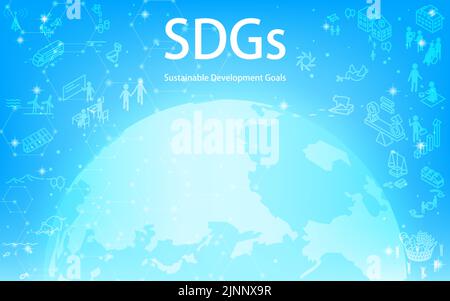 SDGs, glowing earth and SDGs and goal icons, sparkling blue background ...