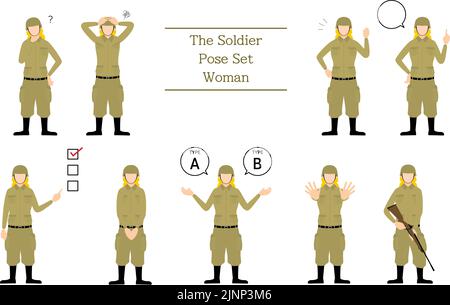 Female Soldier Pose Set, questioning, worrying, encouraging, pointing ...