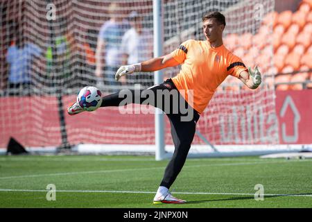 Stuart Moore #13 of Blackpool during the pre-game warmup in ...