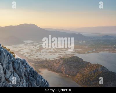 Travel to Turkey, viewpoint over Dalyan Iztuzu Beach. . Smiling woman ...