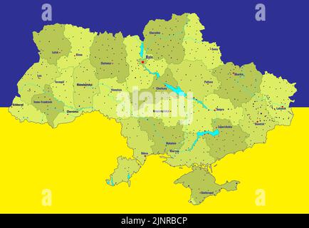 Detailed map of Ukraine with cities, rivers, regions. Illustration ...