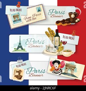 Paris horizontal banners set with touristic elements and postcards on ...