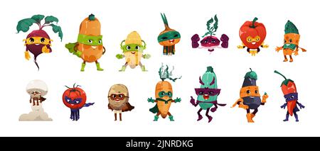 Funny superhero vegetable cartoon character set, flat vector isolated ...