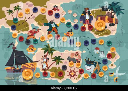 Pirate game map. Pirates attraction, board paper travel maps. Ocean ...