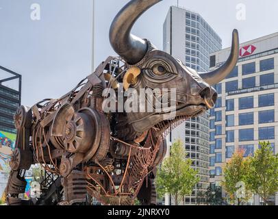 Detail of the 10 metre high raging bull from the 2022 Commonwealth ...