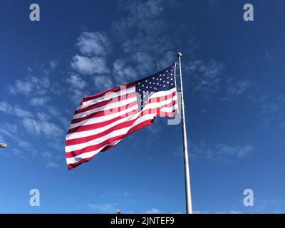 Isolate White flag on a flagpole fluttering in the wind on a blue ...