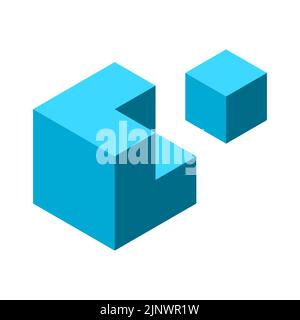 Blue cube shape with one piece missing. 3D isometric box with windows ...