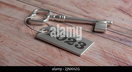 Concept key with new year 2023 on blue background. 3d rendering Stock ...