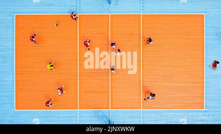 Aerial view of playing volleyball. Top view of the volley ball court ...