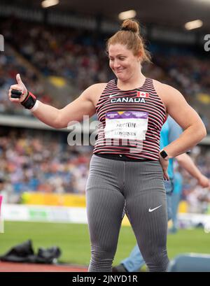 Sarah Mitton of Canada competing in the women’s shot put heats at the ...