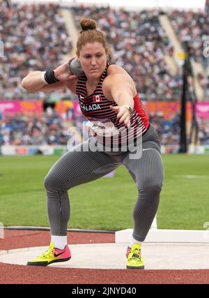 Sarah Mitton of Canada competing in the women’s shot put heats at the ...