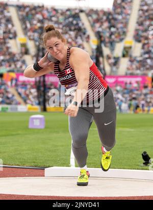 Sarah Mitton of Canada competing in the women’s shot put heats at the ...
