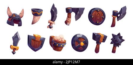 Viking game props icons, medieval battle ship, mace, horned helmet, sword, bow and shields ...