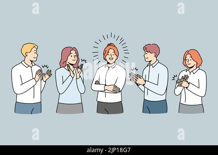 Happy businesswoman clap hands show appreciation and gratitude. Smiling ...