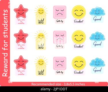 Set of teacher reward stickers, cute cartoon school award signs with ...