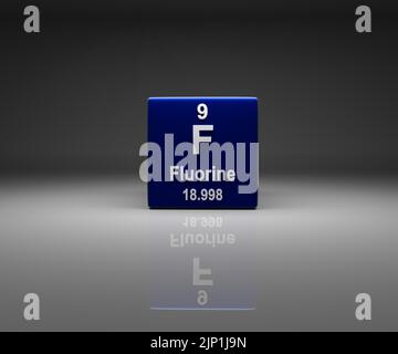 Cube with Fluorine number 9 periodic table Stock Photo - Alamy