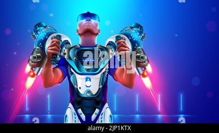 Cyborg soldier. Man in robot exoskeleton, alien robotics technology ...