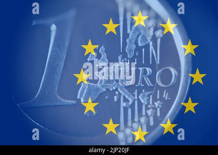 One Euro Coin tinted in blue color, with yellow european stars around ...