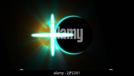 Image of glowing cross and green eclipse circle over black background ...