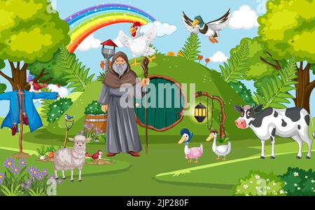 Enchanted scene with medieval cartoon characters illustration Stock ...