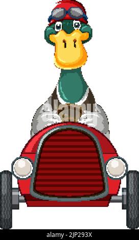 Cute duck wearing helmet driving racing car illustration Stock Vector ...