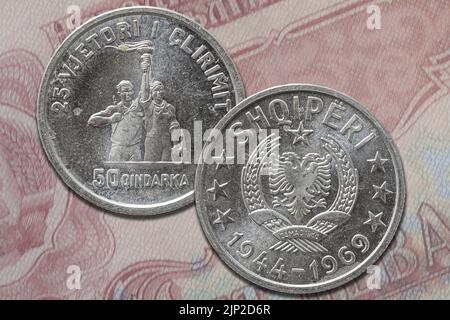 Albanian lek banknote and coin. Official currency of Albania Stock ...