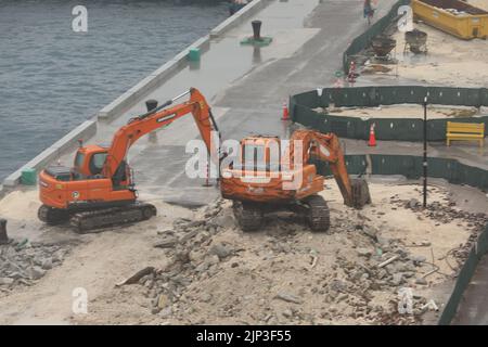 Piling driven into ground. Deep foundation installation. Reinforce ...