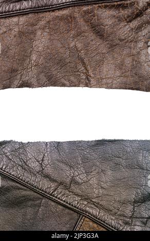Two pieces of brown leather with a space for text isolated on white ...