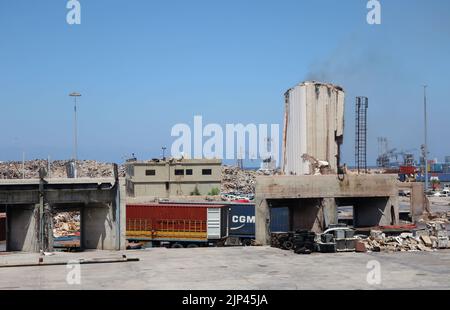 The semi-destroyed grain silos at the port of Beirut, Lebanon, August ...