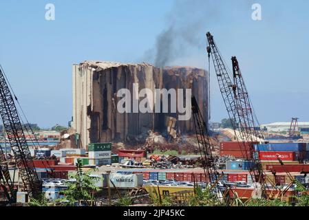 The semi-destroyed grain silos at the port of Beirut, Lebanon, August ...