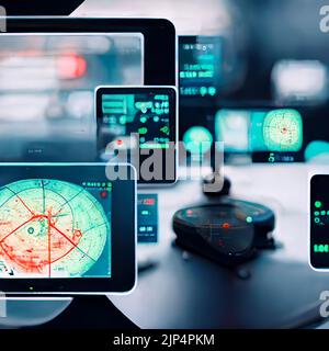 Sonar Screen For Submarines And Ships. Radar Sonar With Object On Map ...