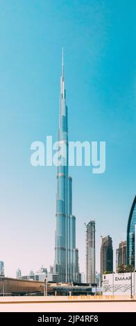 View of Burj Khalifa against clear sky. View of landmarks of ...