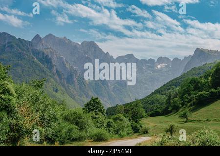 A view of the accursed mountains in the Grebaje Valley. Prokletije ...