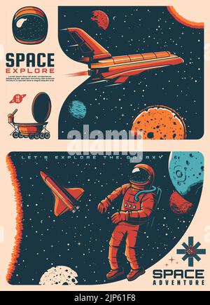 Space posters with astronaut, rocket and planets on background of ...