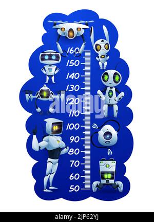 Kids height chart, cartoon robots and circuit board. Cute ai drones and ...