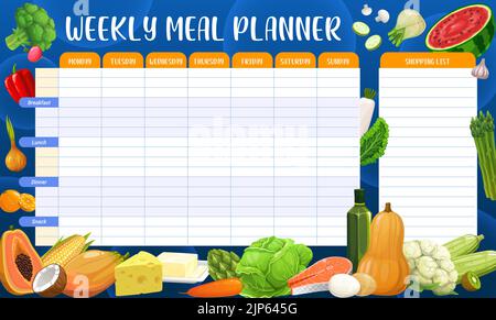 Weekly meal planner, breakfast and dairy cartoon characters, vector ...