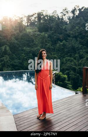 Portrait of swimming pool at the tropical resort in Nusa Penida Bali ...