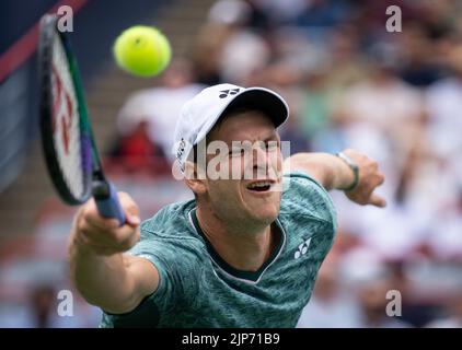 Hubert Hurkacz of Poland hits a shot during his semi-final at the ...