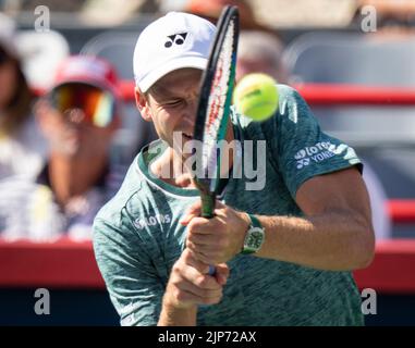 Hubert Hurkacz of Poland hits a shot during his semi-final at the ...