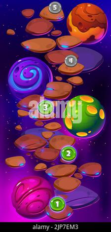 Space level map. 2D arcade game flying platform cartoon galaxy ...