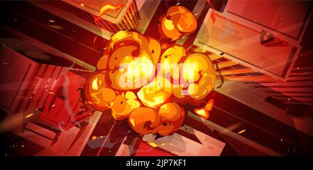 Nuclear explosion in city top view. Fiery mushroom cloud of atomic bomb detonation raising above ...