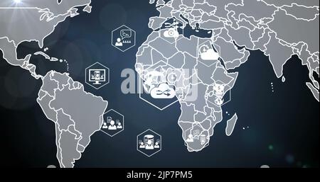 Image of multiple digital icons spinning over world map against blue ...
