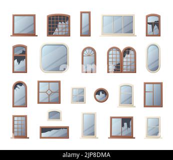 Wooden window with broken, cracked glass in cartoon style isolated on ...